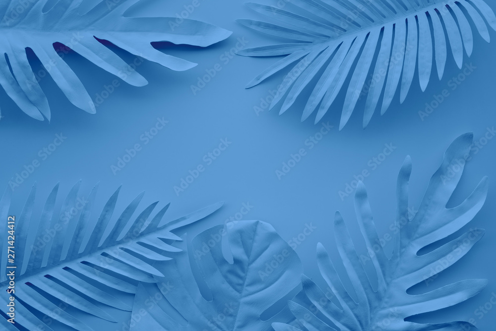 Collection of tropical leaves,foliage plant in blue color with space ...
