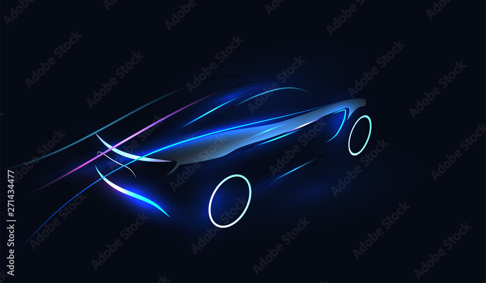 Abstract Futuristic Neon Glowing Concept Car Silhouette. Automotive ...