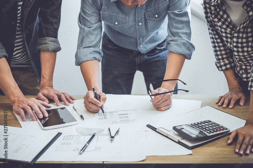 Architecture Engineer Teamwork Meeting, Drawing and working for ...