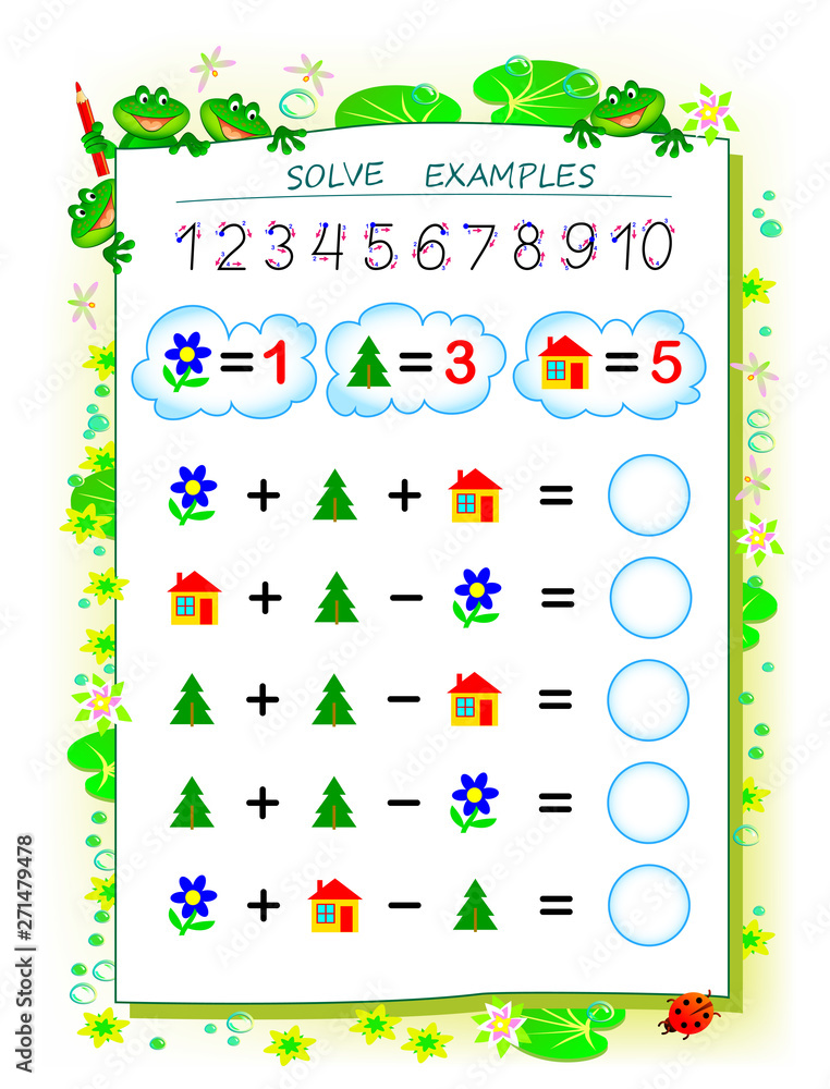 Educational page for children on addition and subtraction. Solve ...