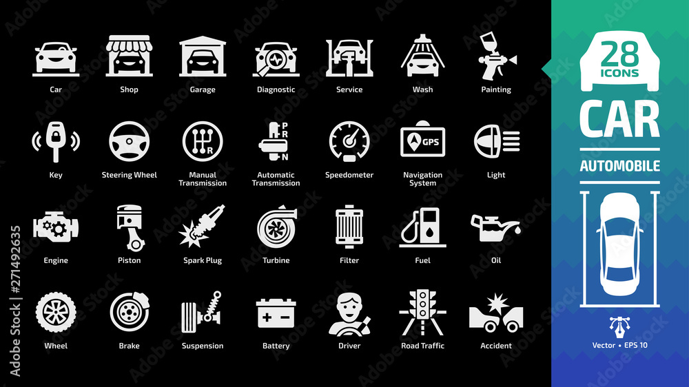 Car icon set on a black background with basic automotive symbols ...