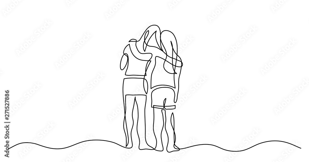 Vector de Stock continuous line drawing of two teenage girls hugging ...