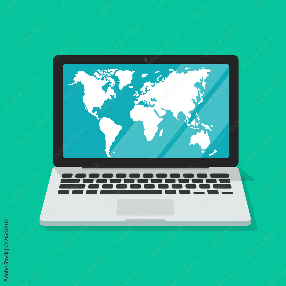 Map on computer screen vector illustration isolated, flat cartoon world ...