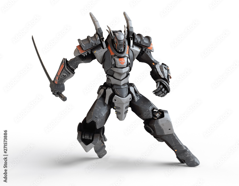 Sci-fi mech warrior holding a sword in his hand in fighting position ...