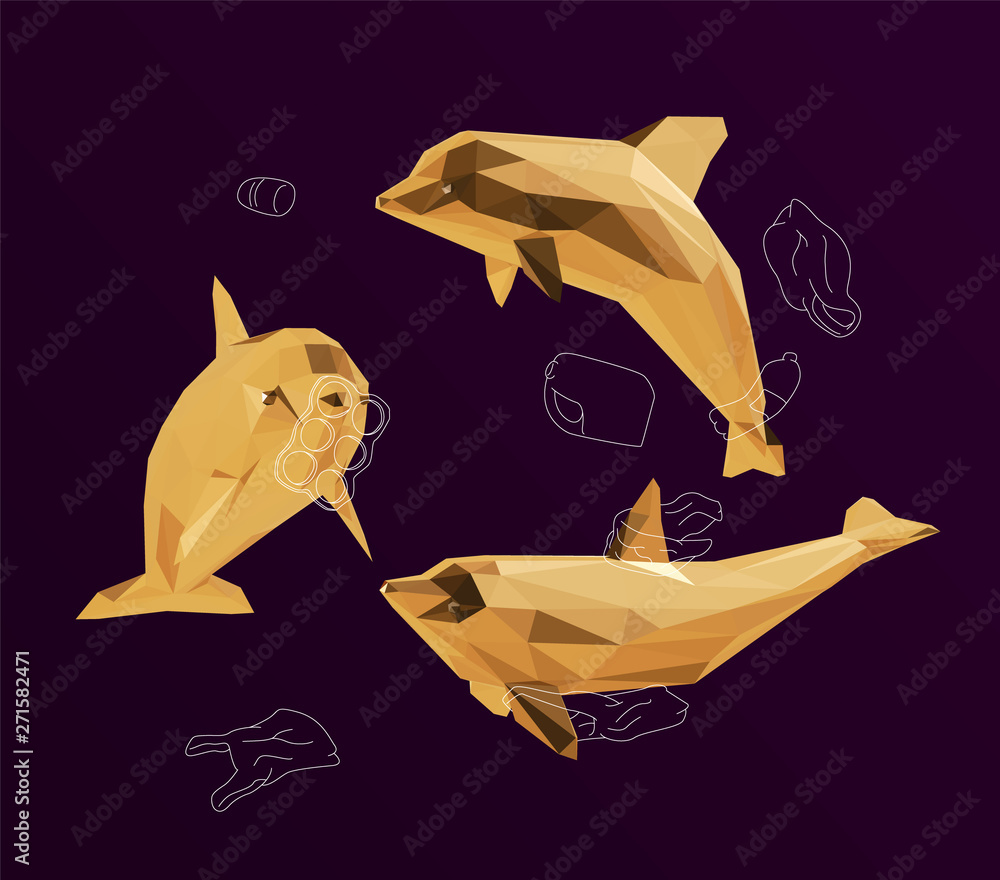 Gold Dolphin. Shiny Metallic Set of Golden Dolphins and Ocean Pollution ...