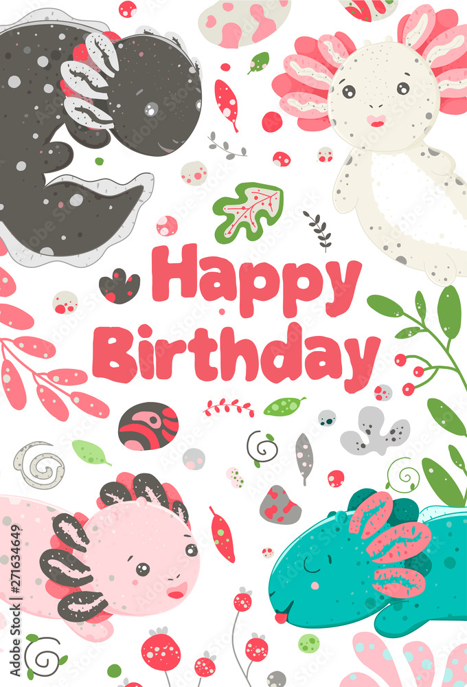 Stockvektorbilden Cute summer Kawaii axolotl, baby amphibian drawing ...