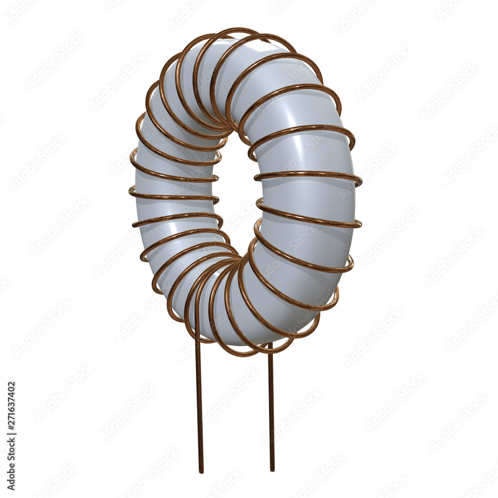 Toroidal Coil Inductor 3d render illustration. Copper wire winding ...