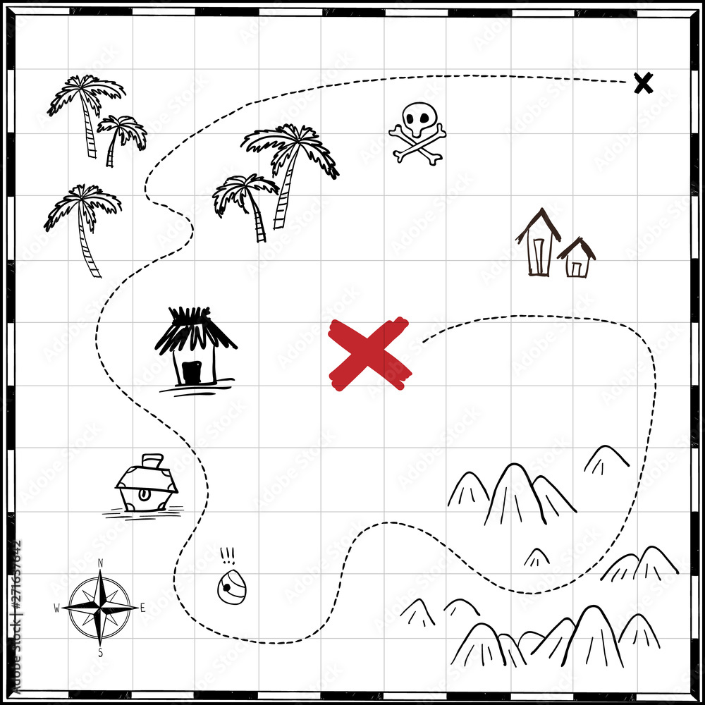 pirates treasure map hand drawn cartoon black ink isolated on white ...