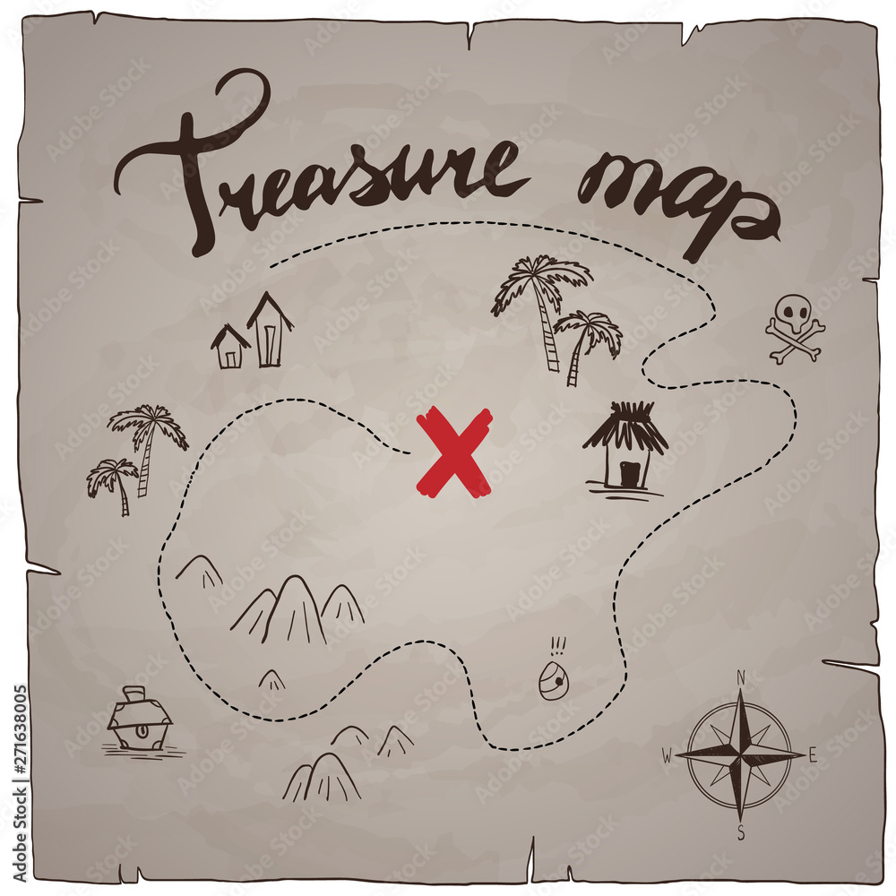 pirates treasure map hand drawn cartoon black ink on old paper texture ...
