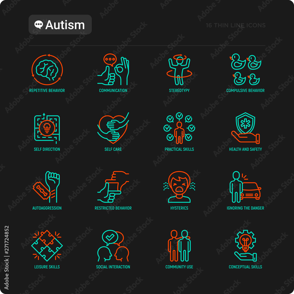 Autism symptoms and adaptive skills thin line icons set: repetitive ...