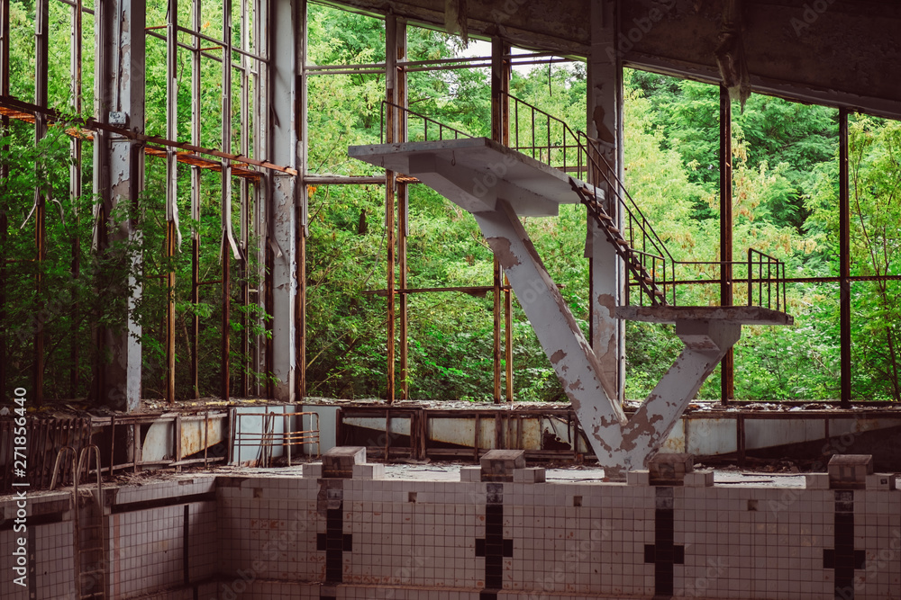 Old empty school swimming pool in destroyed abandoned ghost city ...