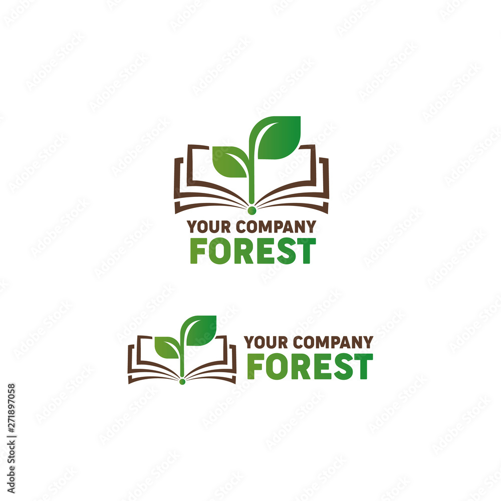 Logo open book and green sprout. Symbol of knowledge, ecology, forest ...