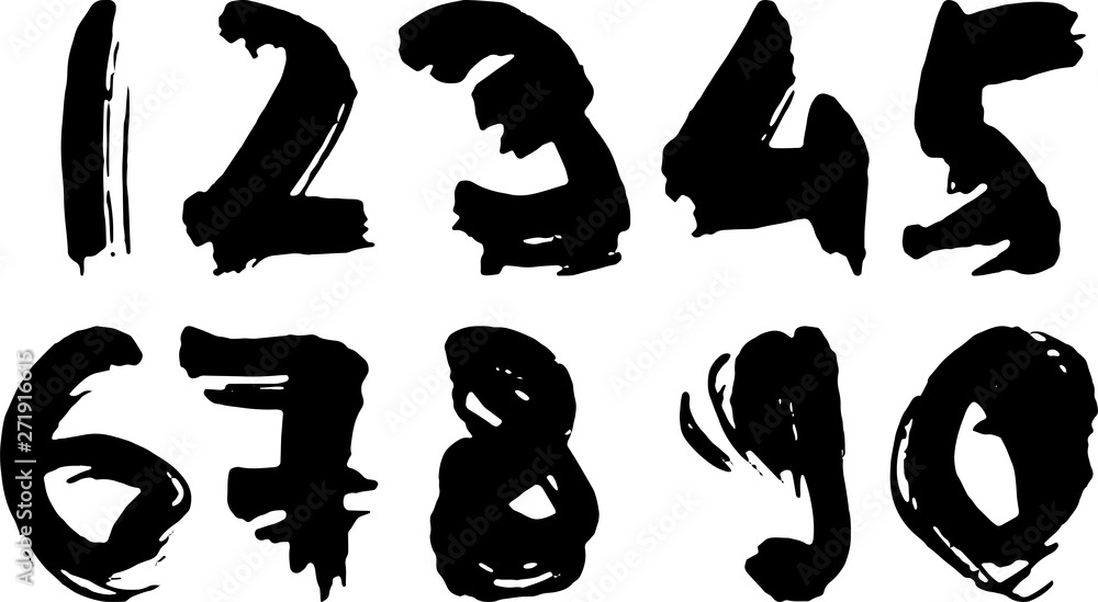 Set of grunge hand-drawn numbers. Modern dry brush lettering. Vector ...