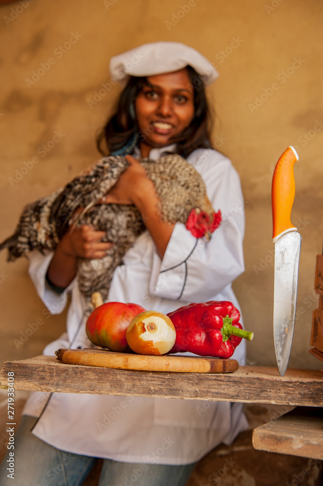 Attractive Indian woman cook posing in kitchen with chicken in her ...