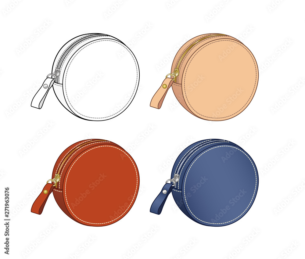 Round coin pouch for coins and accessories, zip purse outline, coin ...