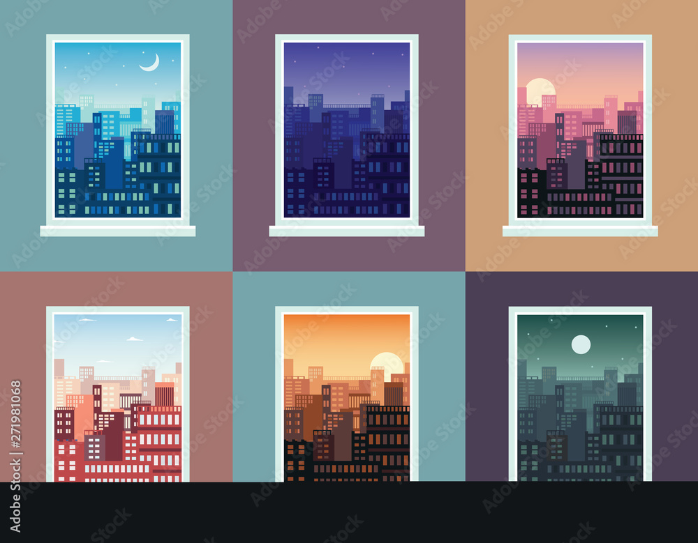 Landscape window view with characters and elements flat vector ...