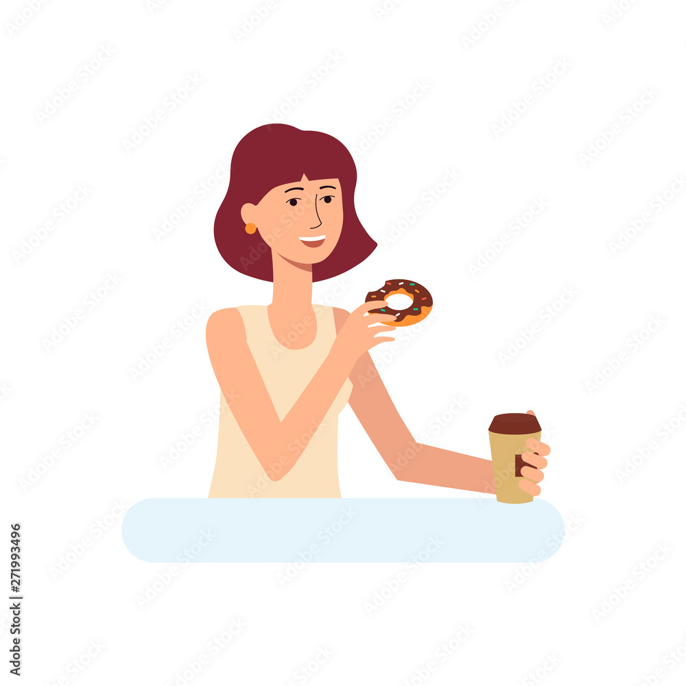 Young woman eating healthy food snack flat cartoon vector illustration ...