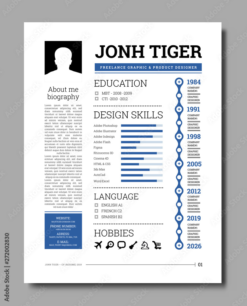 Cv resume template vector with a timeline of work, training ...