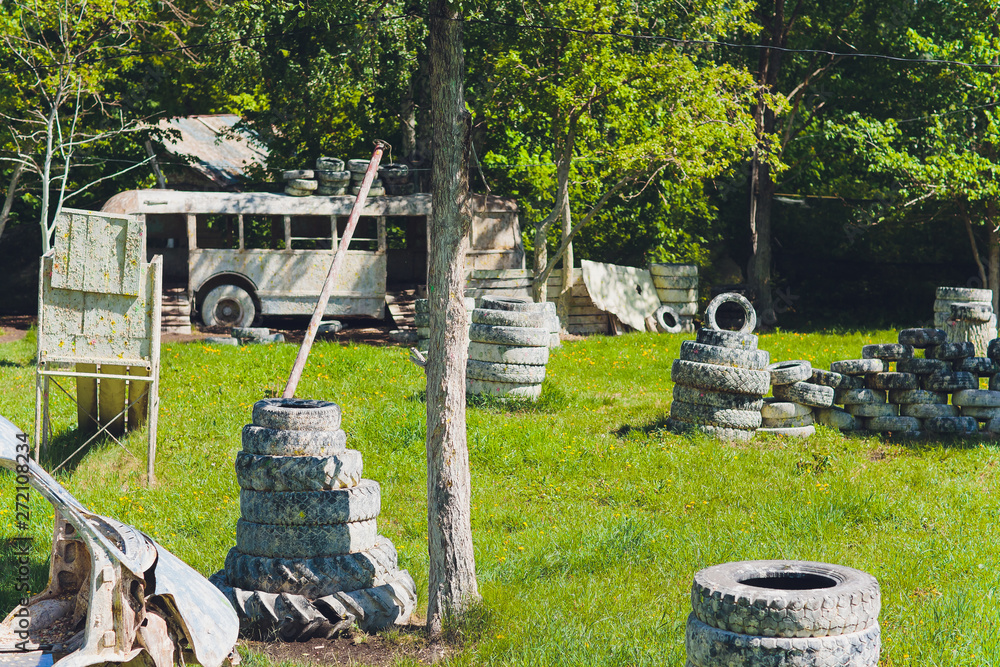Special playground for military game with car tires and shelter. Stock ...