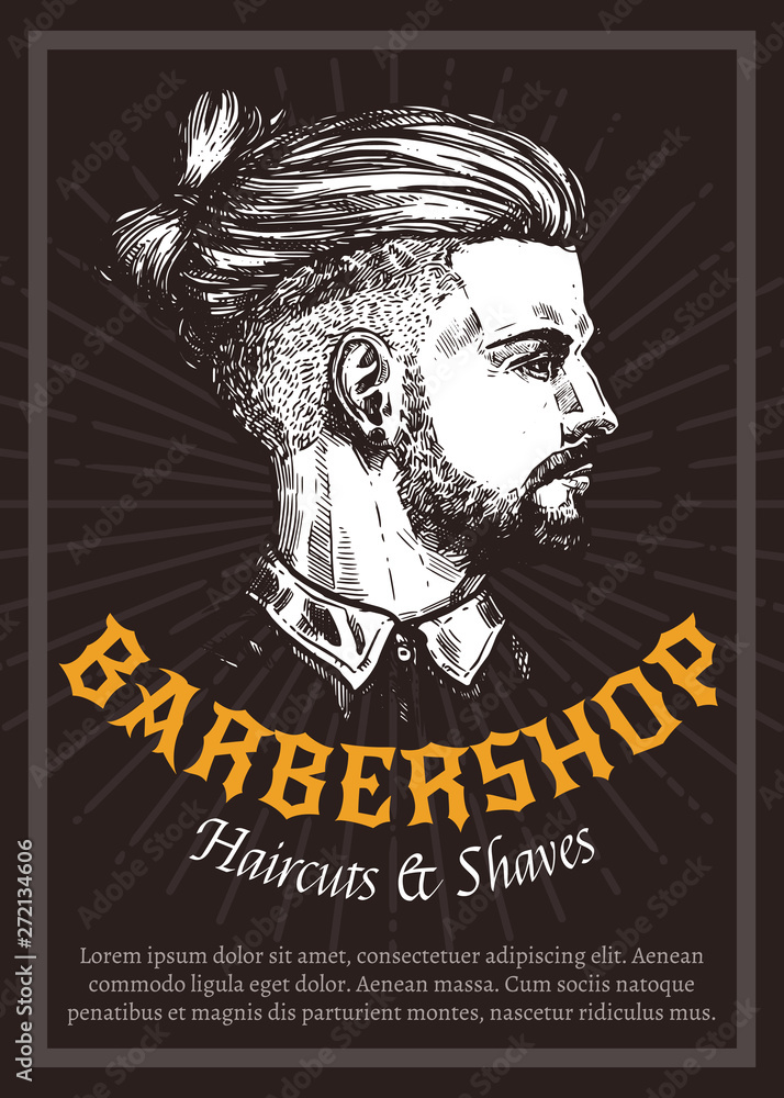 Hand drawn vector barber shop poster with portrait of young man ...