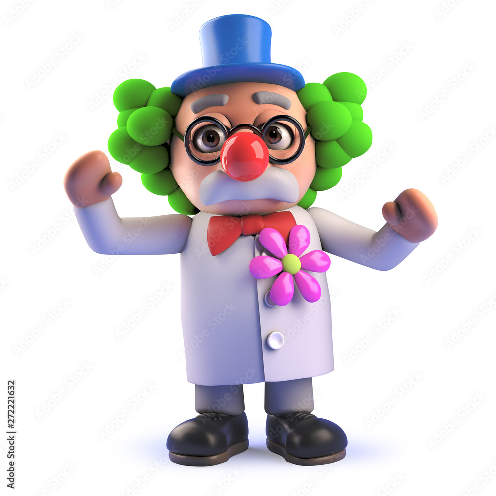 Cartoon 3d mad scientist character dressed as a clown with a red nose ...