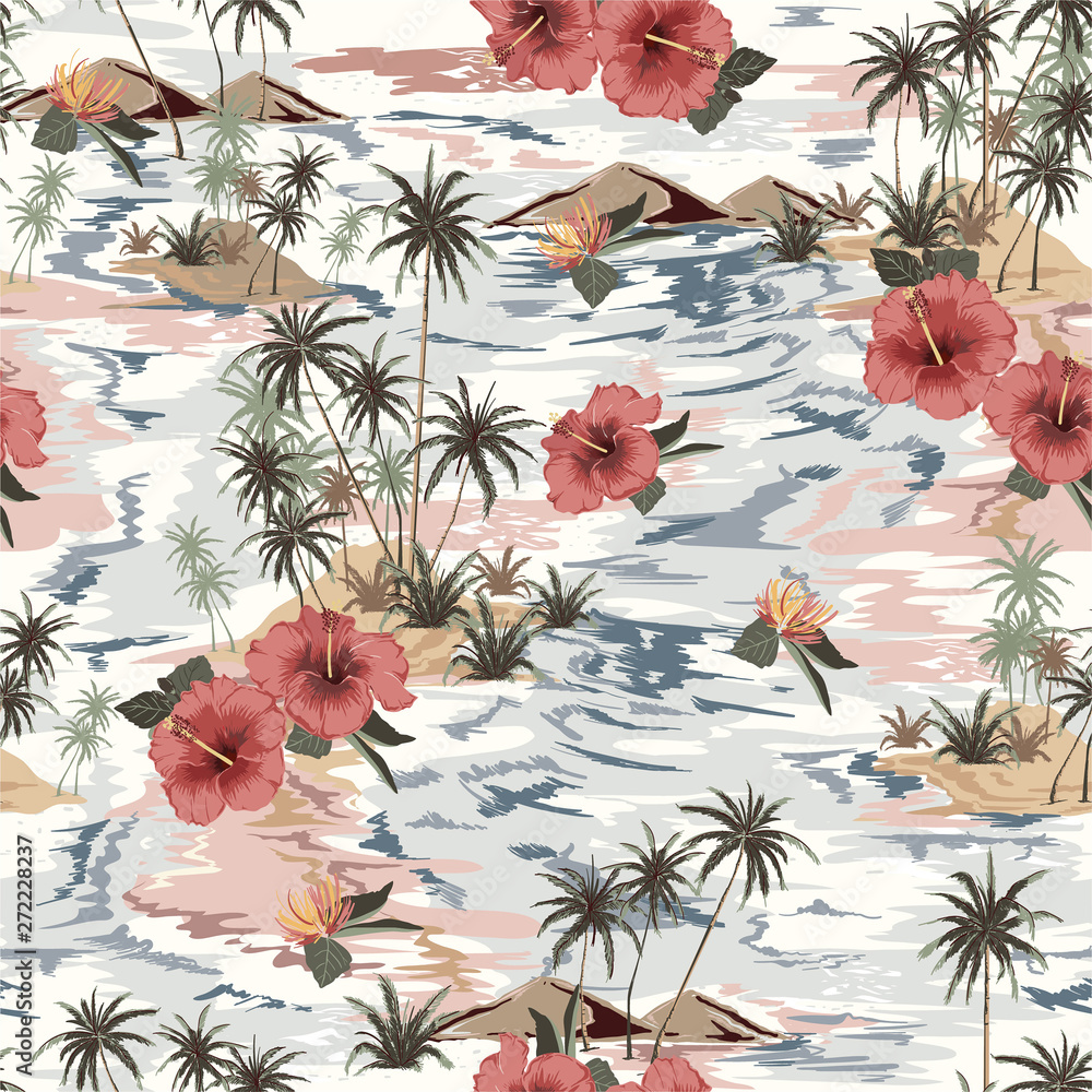 Vintage Beautiful seamless island pattern Landscape with palm ...