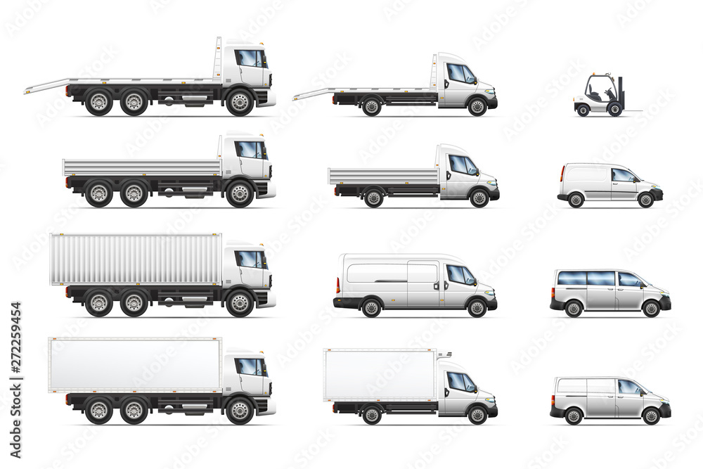 Vector illustrations set of commercial transportation trucks. Stock ...