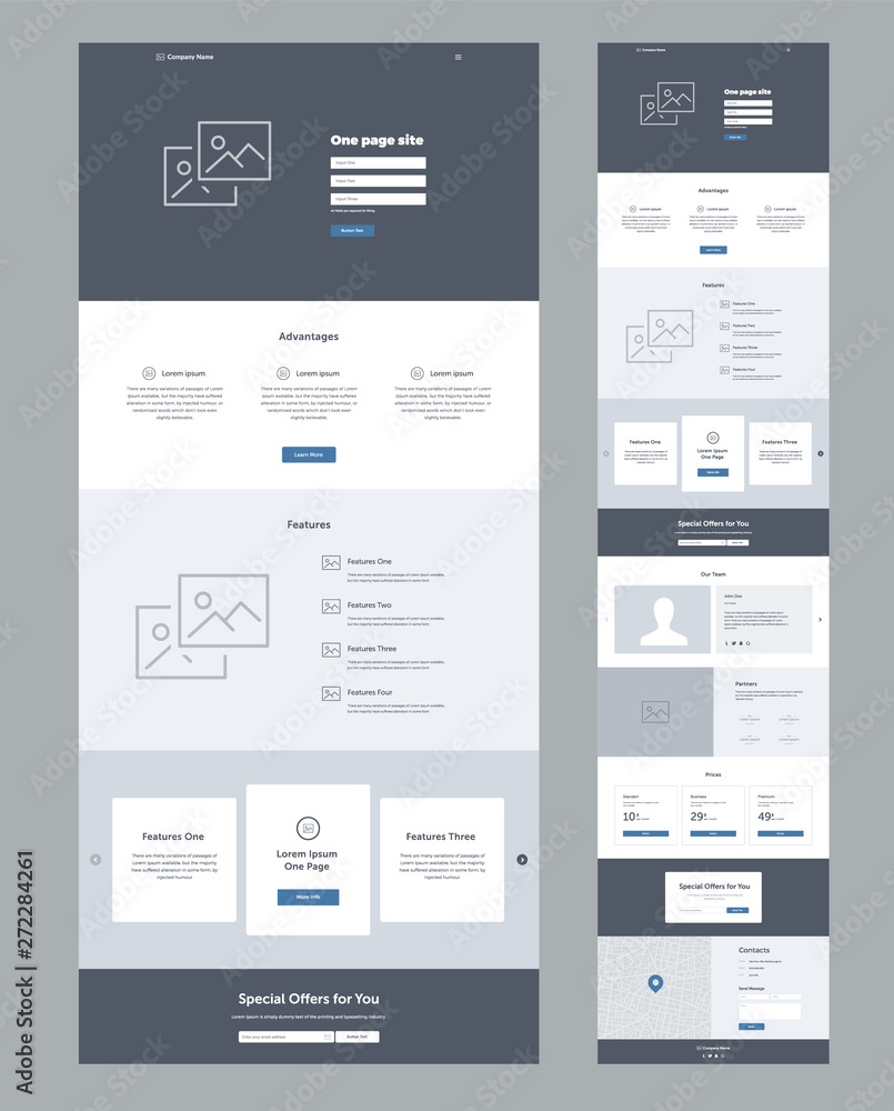 One page website design template for business. Landing page wireframe ...