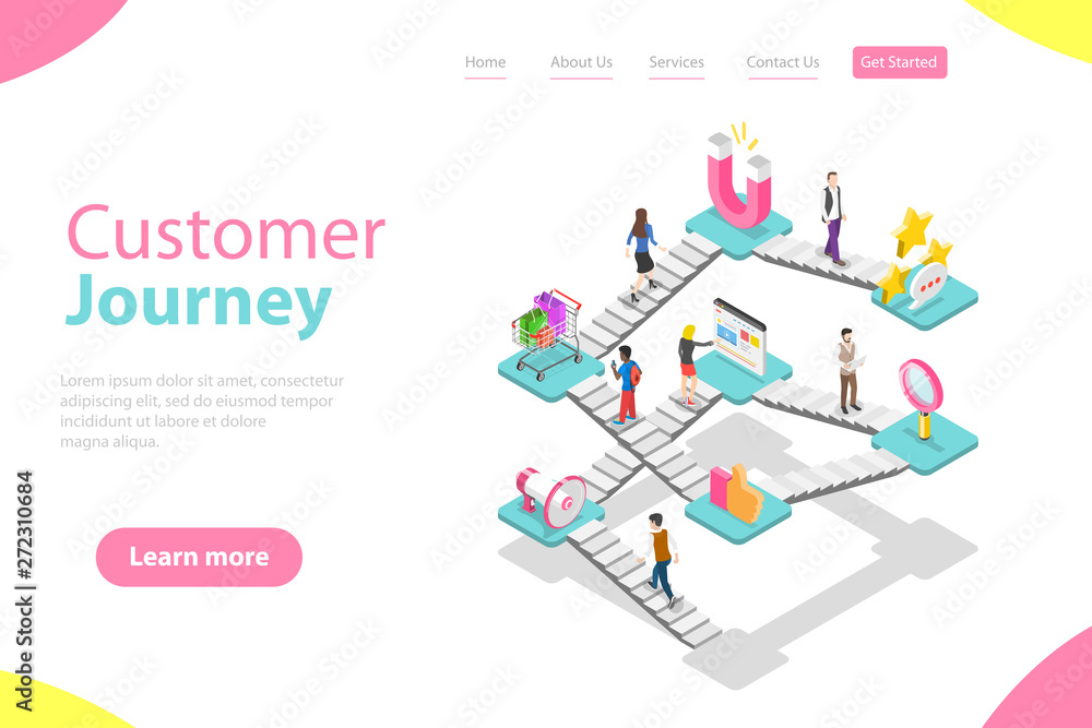 Isometric flat vector landing page template of customer buying process, user journey map ...