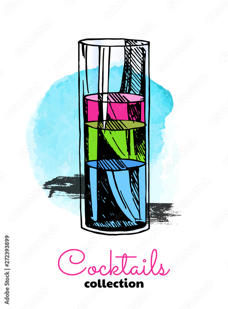Hand drawn illustration of cocktail and watercolor splash. Vector three ...