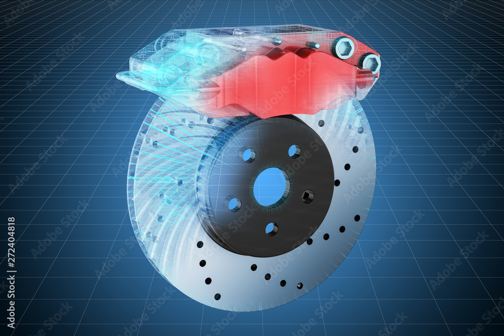 Visualization 3d cad model of car disc brake with caliper, blueprint ...