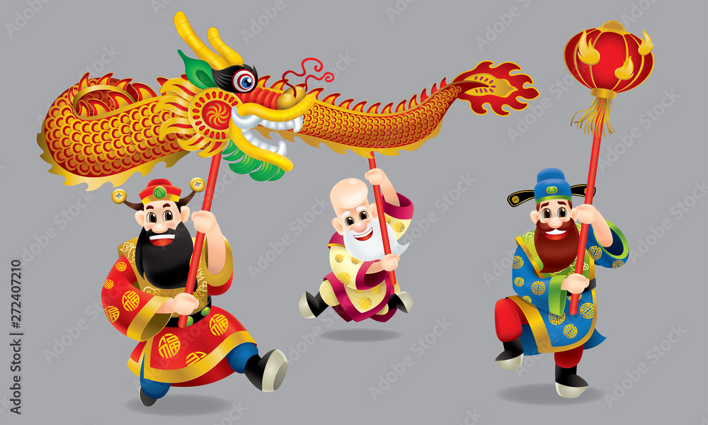 Three cute Chinese gods (represent long life, wealthy and career) are ...