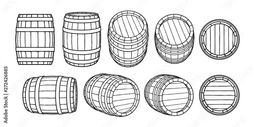 Set of wooden barrels in different positions. Front and side view,black ...
