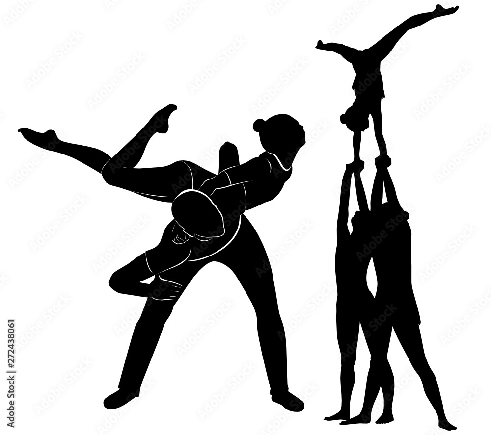 acrobatic stunt. Gymnasts acrobats vector black silhouette 素材庫向量圖 ...