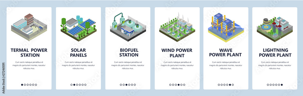 Mobile app onboarding screens. Energy generation industry, power plant ...