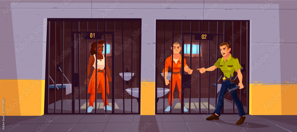 Prisoners in prison jail and policeman. People in orange jumpsuits in ...