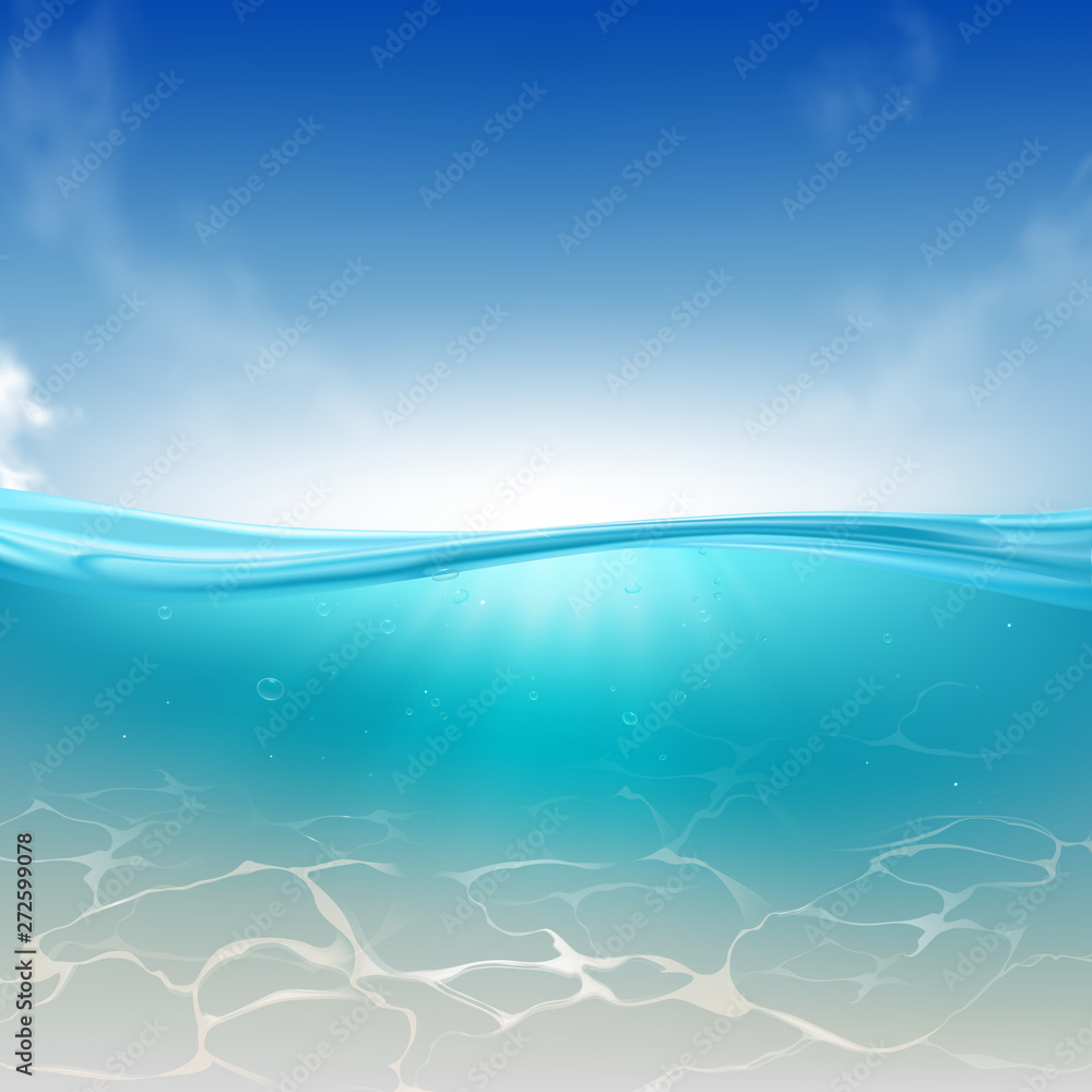 Oceanic wave, sea water column realistic vector background. Bright sky ...