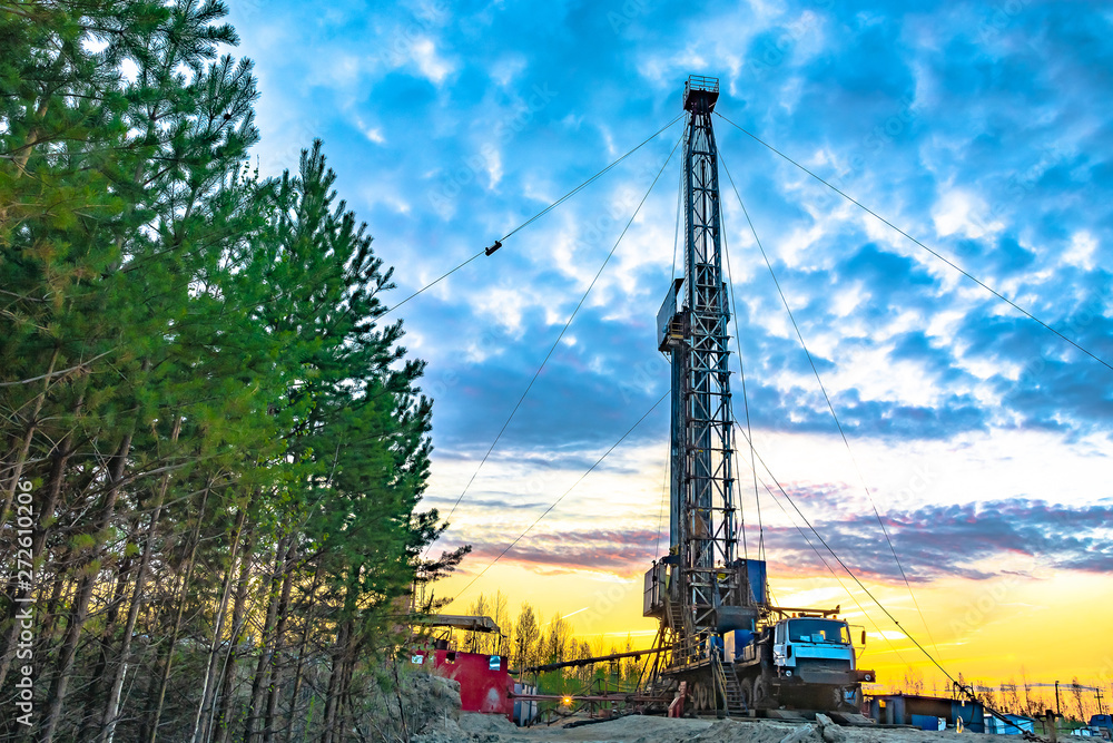 Drilling a deep well mobile drilling rig in an oil and gas field. The ...