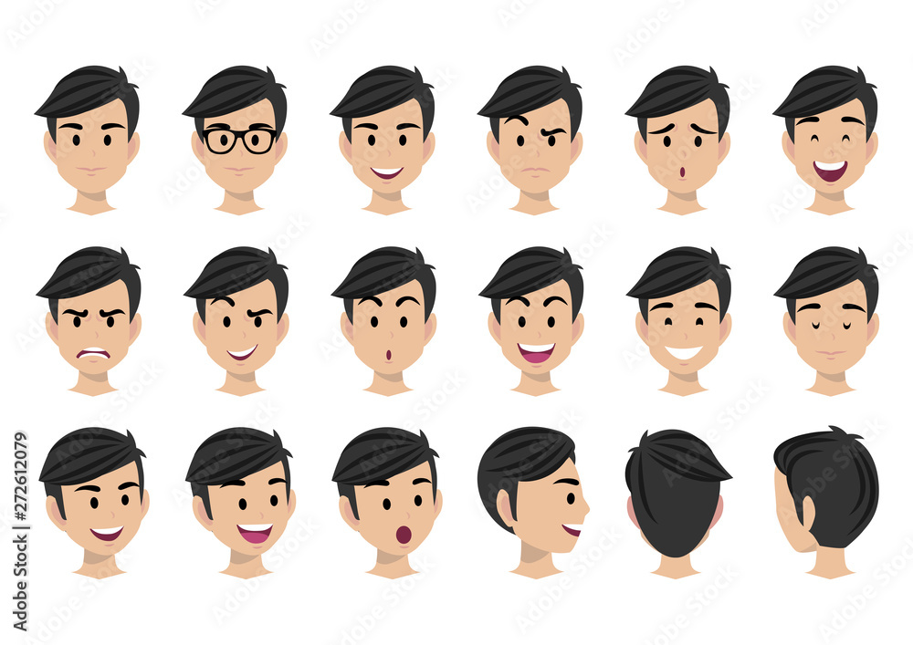 Cartoon character with man head vector set. Front, side, back view ...