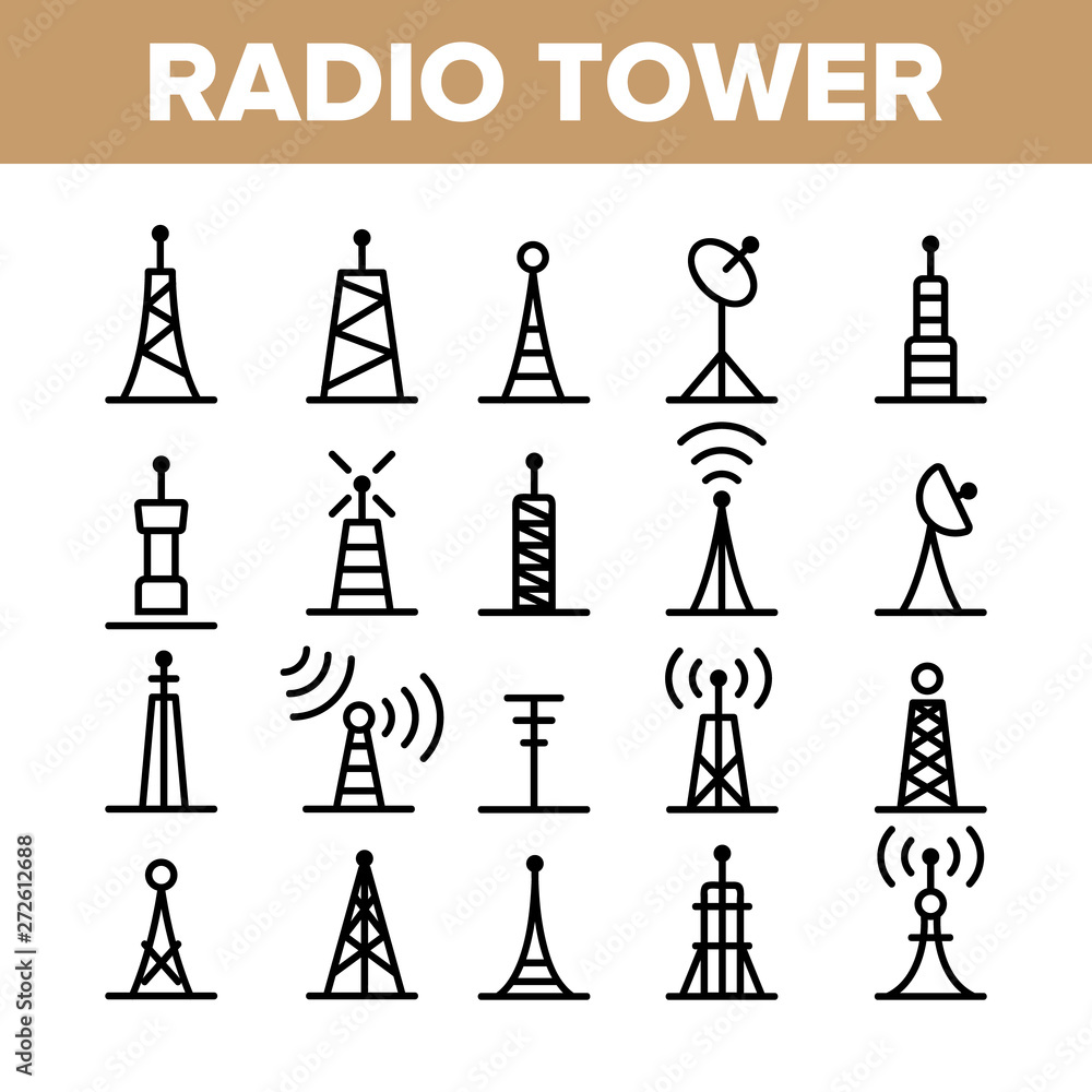 Radio Towers And Masts Vector Linear Icons Set. Radio Communication Tower, Transmitter, Antenna ...