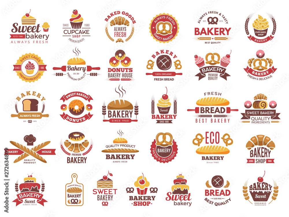 Colored bakery labels. Vintage food logos with cooking pastry symbols ...