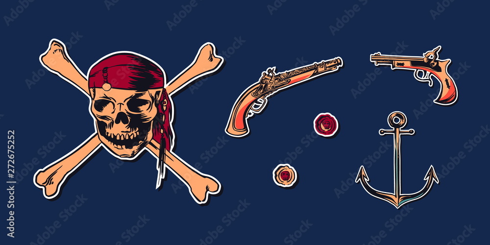 Pirate skull wearing bandana with crossbones and hand drawn sketch set ...