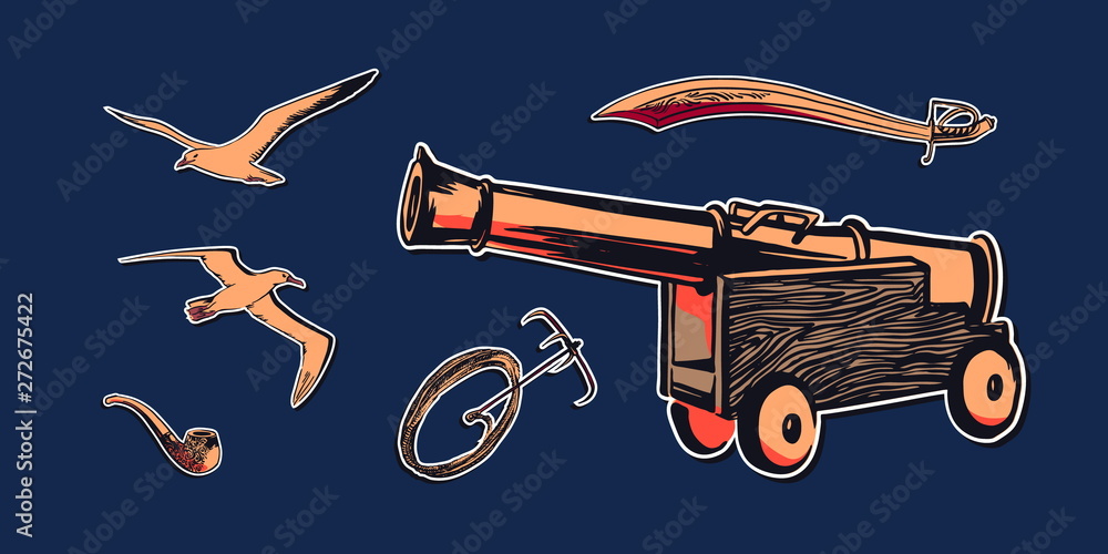 Hand drawn sketch pirate accessories set illustration. Vector ...