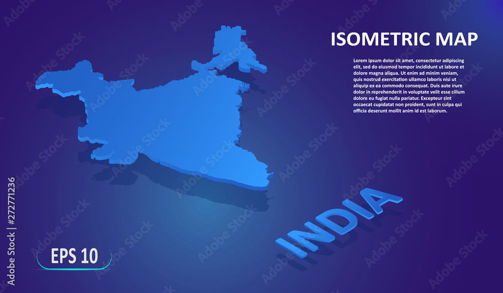 Isometric map of the INDIA. Stylized flat map of the country on blue ...