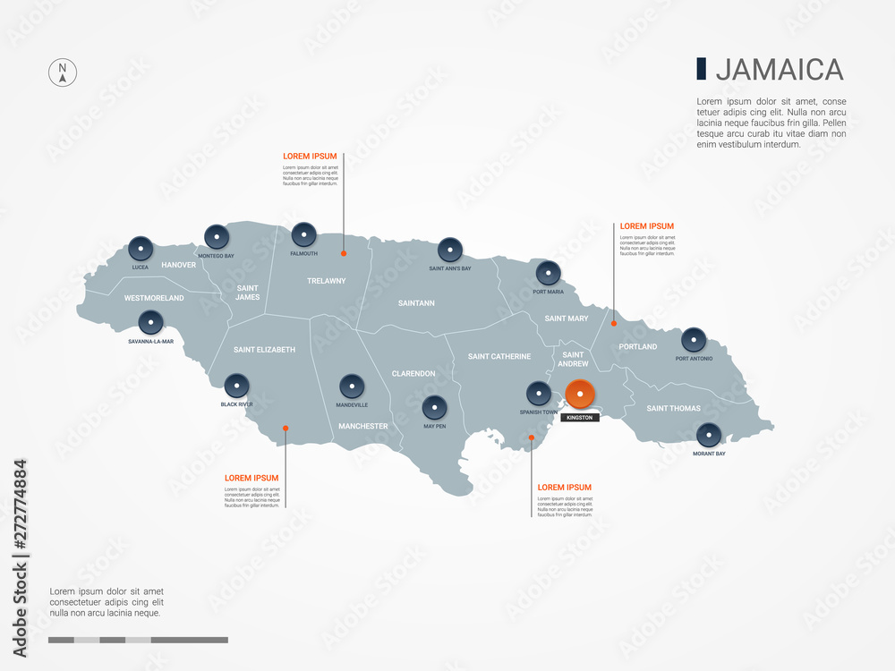 Jamaica map with borders, cities, capital and administrative divisions ...