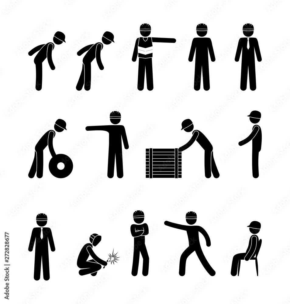Vektor icon working people pictograms set man in helmet, stick figure ...