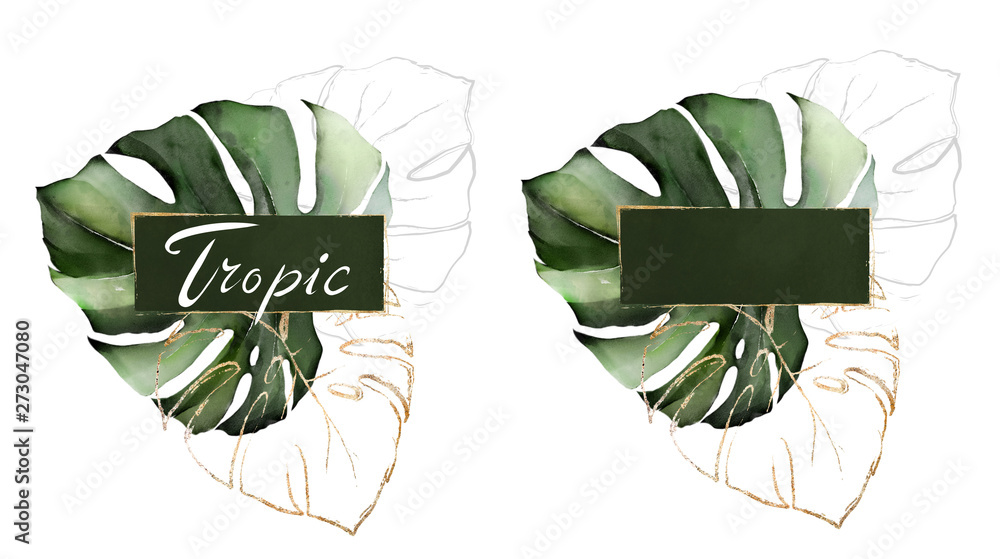 watercolor tropic logo. card with illustration leaves. Green Exotic ...