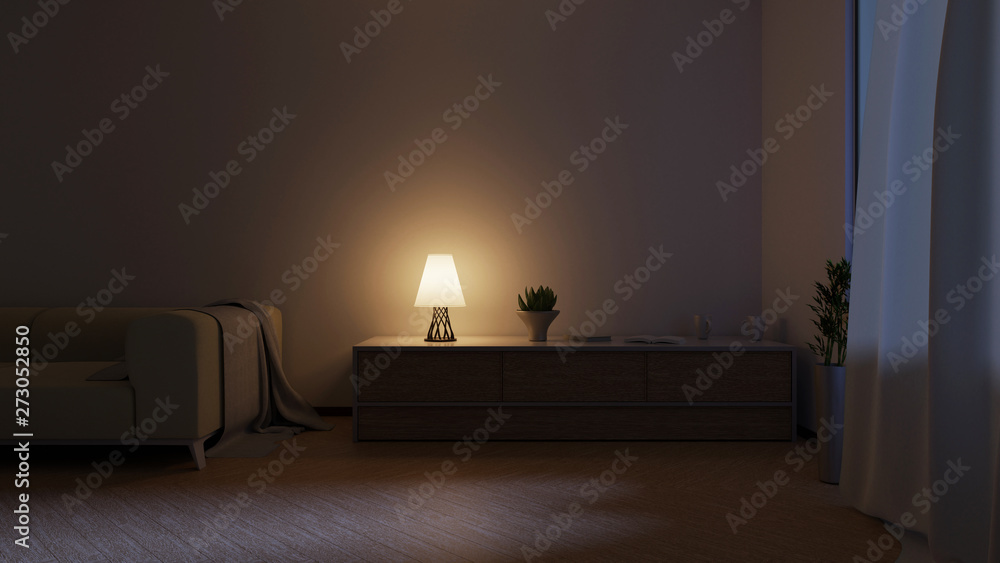 Night home interior with a lamp on a table and moonlight. Couch with a ...