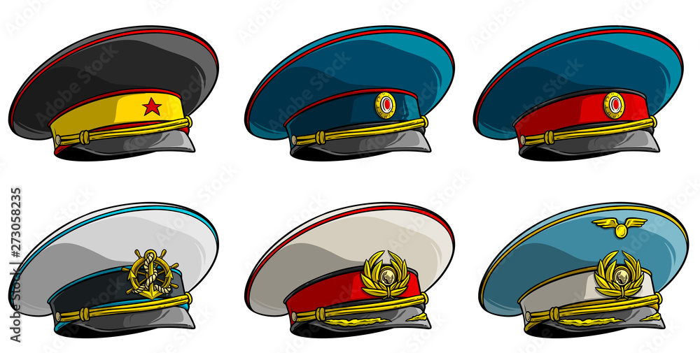 Cartoon soviet military officer peaked cap with red star, anchor and ...