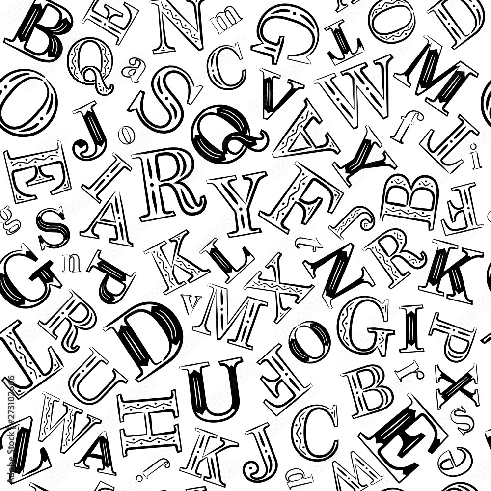 Seamless lettering pattern. Gift wrapping paper. Black alphabet letters ...